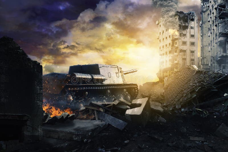 Tank in ruined city stock image. Image of disaster, horror - 77624941