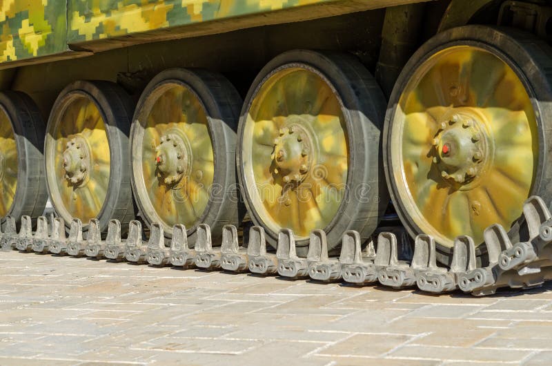 Tank Tracks and Steel Wheels Huge Green Panzer. Stock Photo - Image of ...