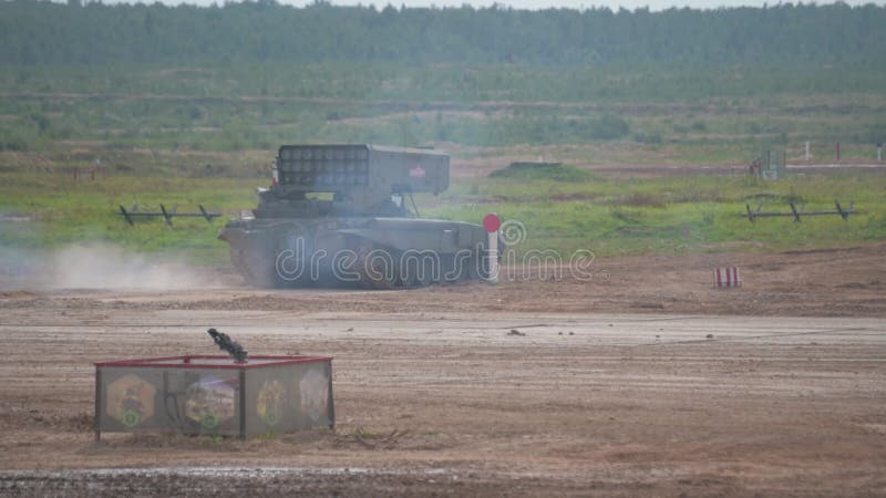 Tank System of Multiple Launch Rocket Launches Moves Around the Range ...