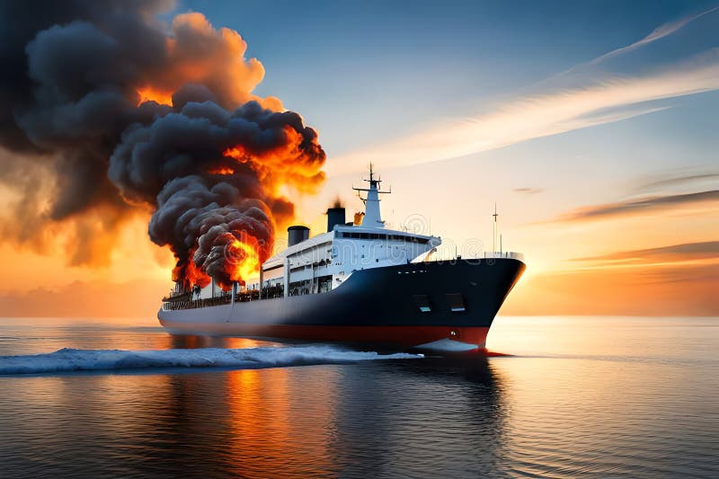 A Tanker Ship is on Fire after an Accident on the High Seas. Concept ...