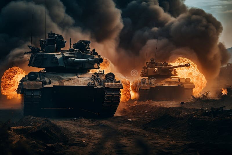 Tanks in a Fierce Battle with Fire and Smoke, Representing the ...