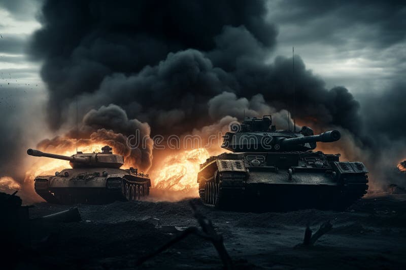Tanks in a Fierce Battle with Fire and Smoke, Representing the ...