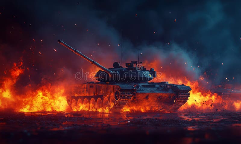 Tanks in Fiery Battlefield Scene with Dramatic Lighting and Smoke ...