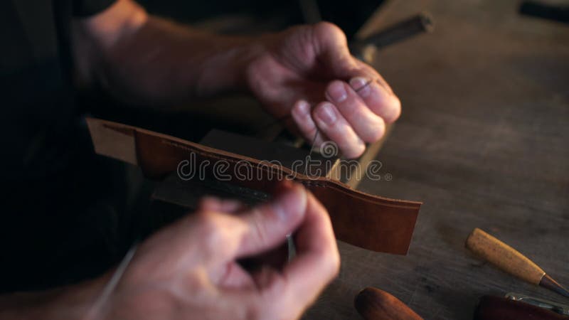 Professional Tanner Works with Leather in Workshop Stock Footage ...