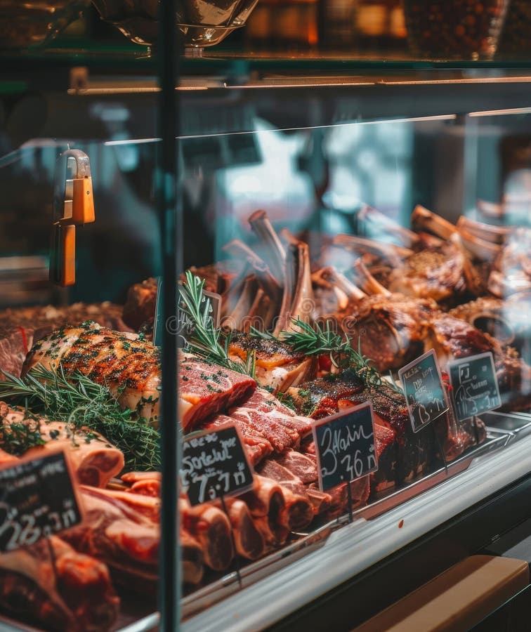 Tantalizing Cuts of Meat Displayed in a Glass Meat Counter Stock ...