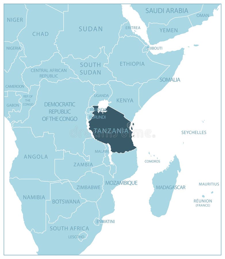 Tanzania - Blue Map with Neighboring Countries and Names Stock ...