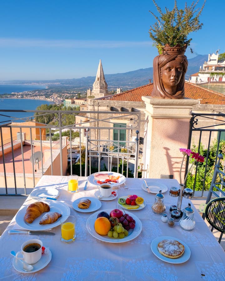 Taormina Sicily Italy Breakfast Table with a Rooftop View Over Taormina ...