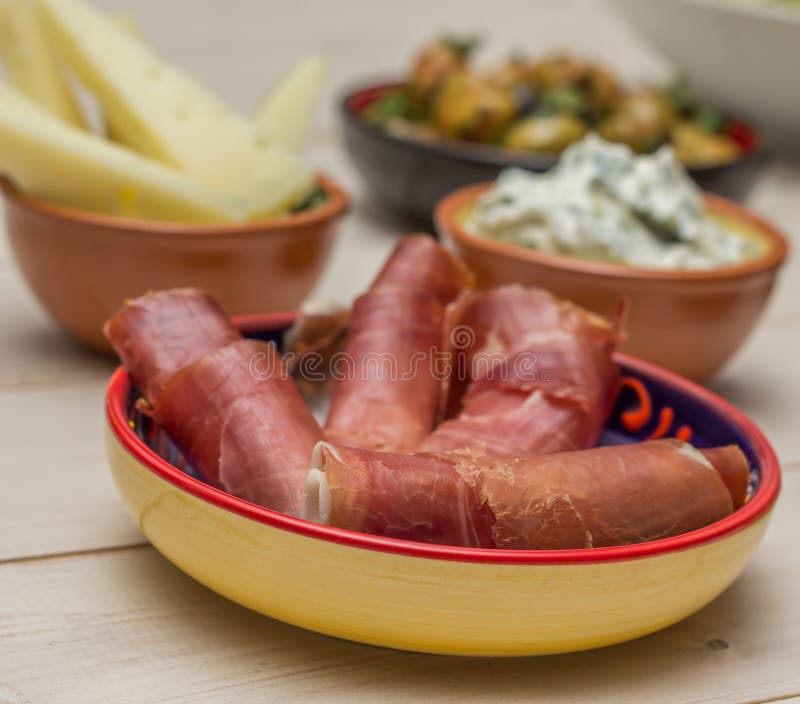 Tapas, Cured Ham and Manchego Stock Image - Image of party, tapa: 38960717