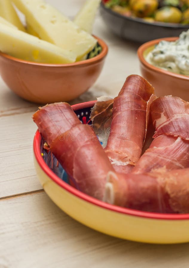 Tapas, Manchego Cheese and Cured Ham Stock Photo - Image of ...