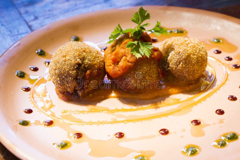 Tapas with Dressing on a Clay Plate Stock Image - Image of baguette ...