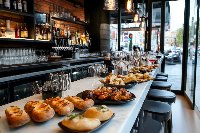 Tapas and Pintxos on the Plates and Wine Glasses in Spanish Bar Stock ...
