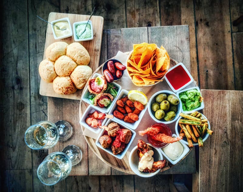 Tapas Selection on Wooden Table from Above Stock Image - Image of ...