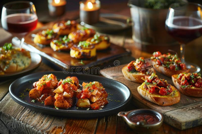 Tapas Served on Rustic Table with Wine and Warm Light Stock Photo ...