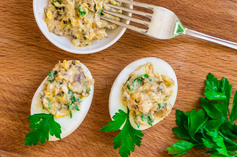 Tapas Stuffed Eggs with Parsley Stock Photo - Image of open, slice ...