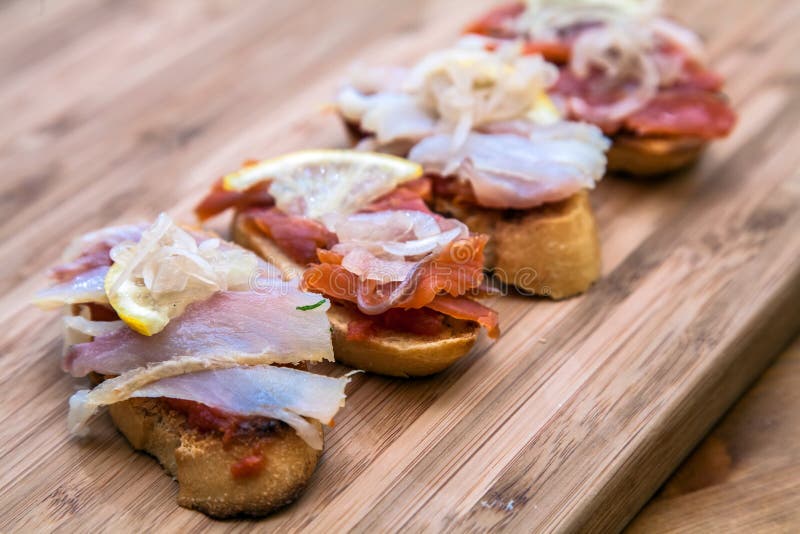 Fish tapas stock image. Image of pinchos, baguette, cold - 53767471