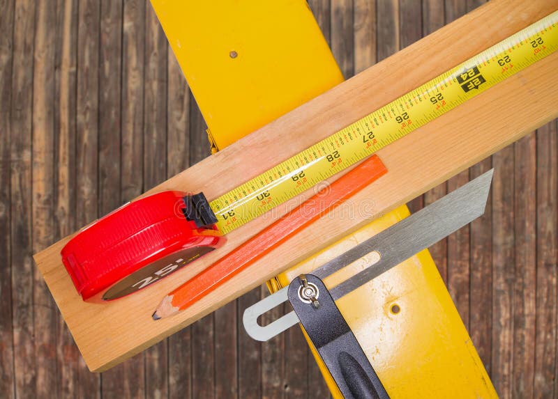 Tape Measure Cut Mark from Over Head Stock Photo - Image of wood ...