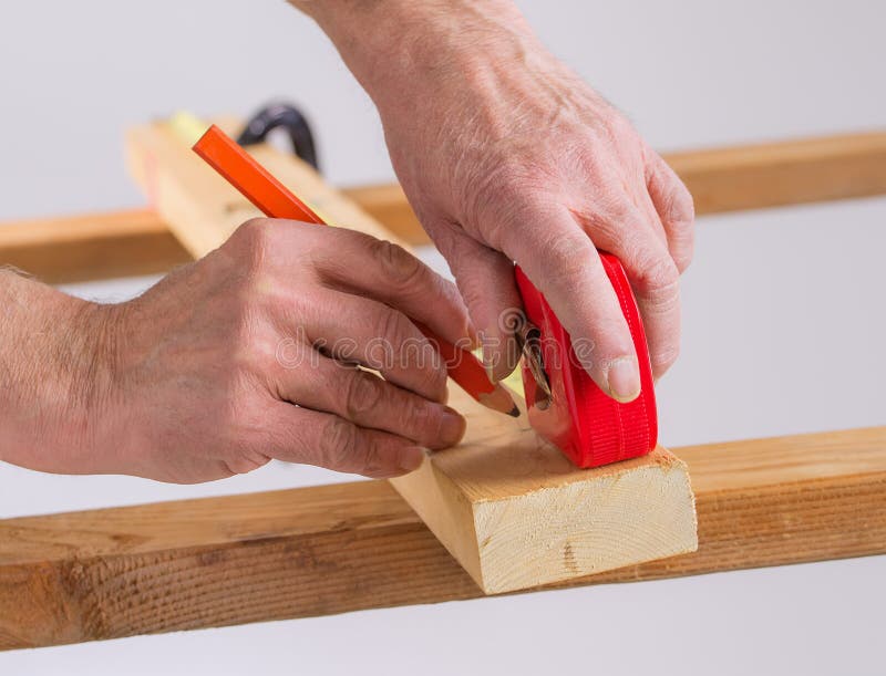 Tape Measure Cut Mark White Bkgrd Working Hands Stock Photo - Image of ...