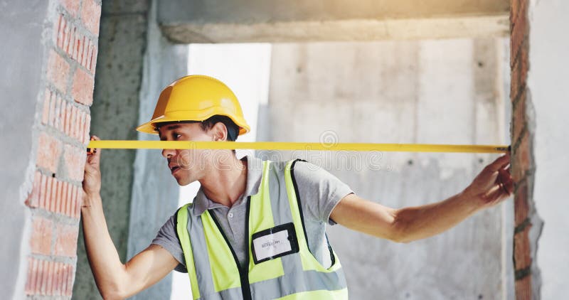 Tape Measure, Engineer and Man at Door for Construction, Building and ...
