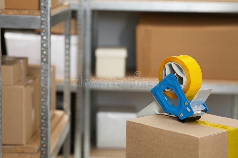 Taping Box with Adhesive Tape Dispenser Indoors. Space for Text Stock ...