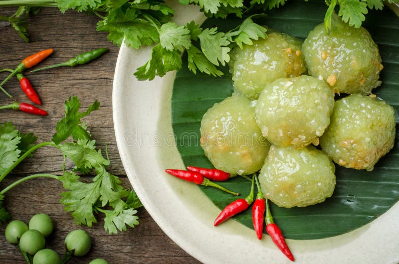 Tapioca Balls with Pork Filling on Dish. Thai Dessert. Stock Photo ...