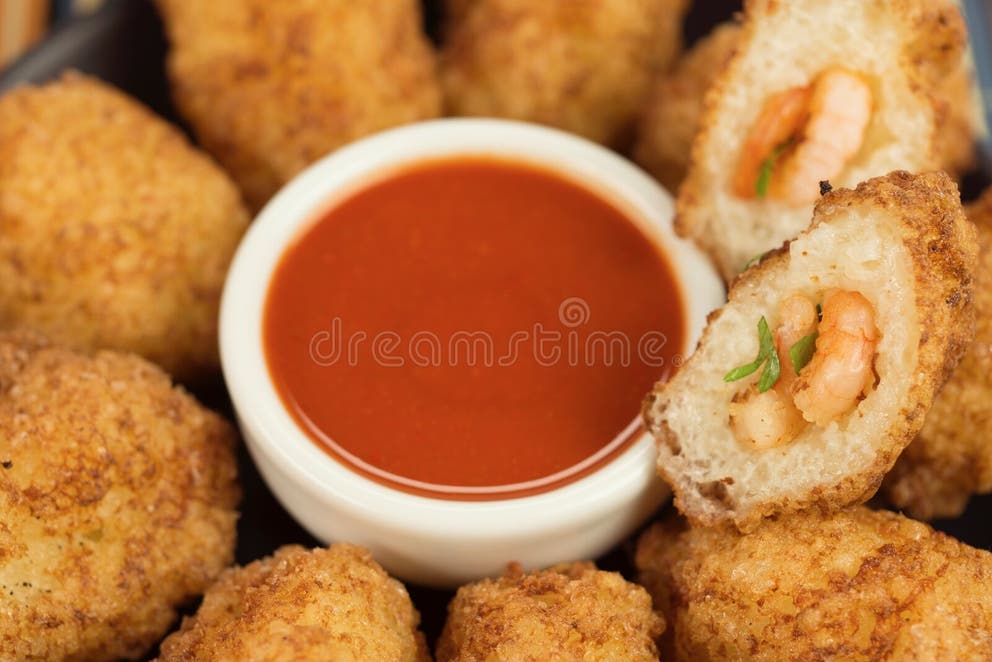 Tapioca Fried Balls Stuffed with Shrimp and Pepper Sauce Stock Image ...
