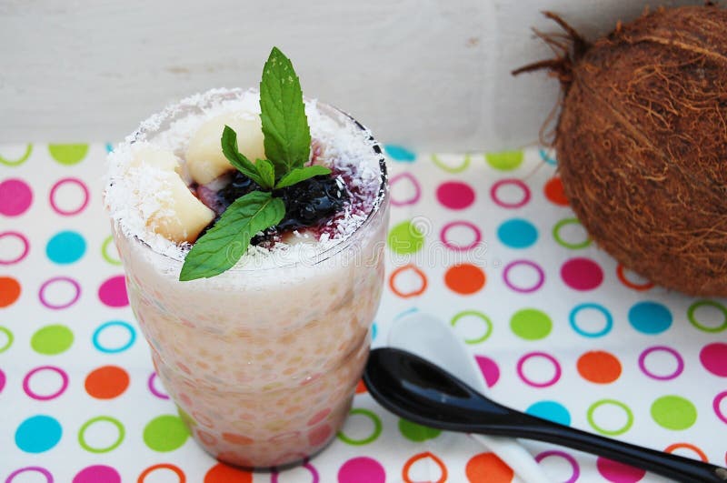 Tapioca Pudding with Coconut Milk and Lychee Fruit Stock Photo - Image ...
