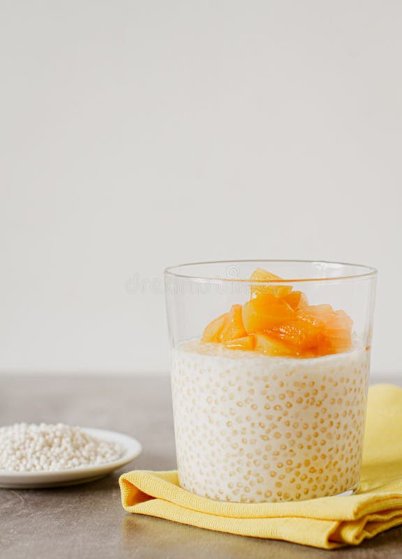 Tapioca Pudding with Vegan Milk and Exotic Fruits Compote Stock Photo ...