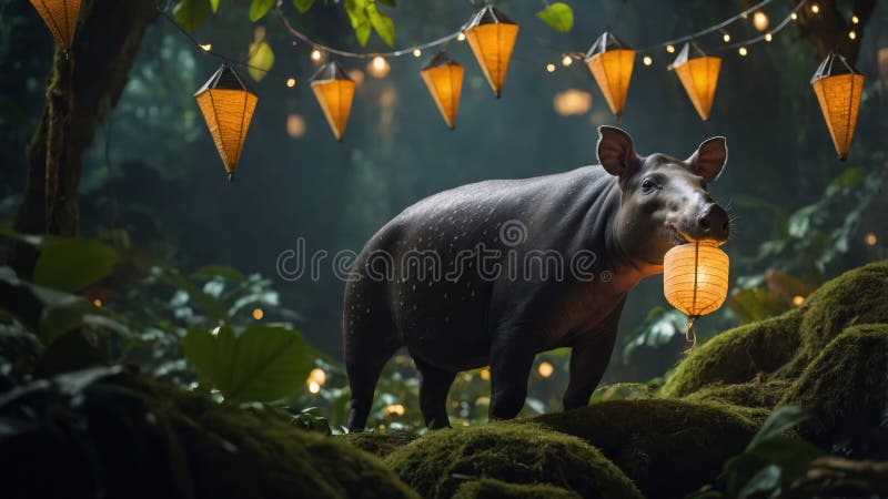 Enchanted Tapir in a Magical Forest Night Stock Illustration ...