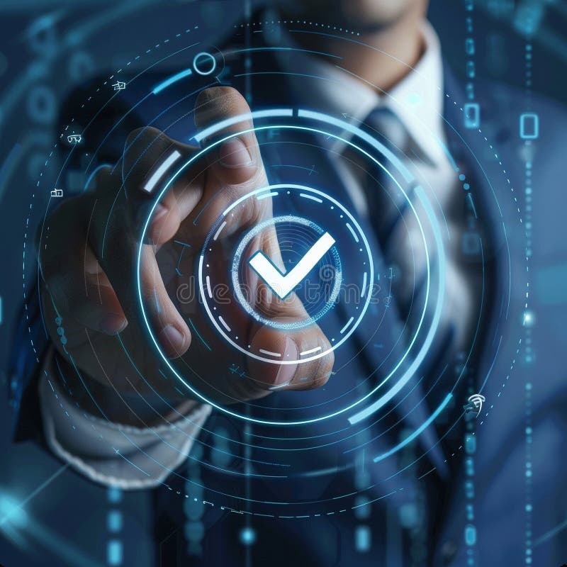 Tapping on the Digital Virtual Screen. Success, Confirmation.Business ...