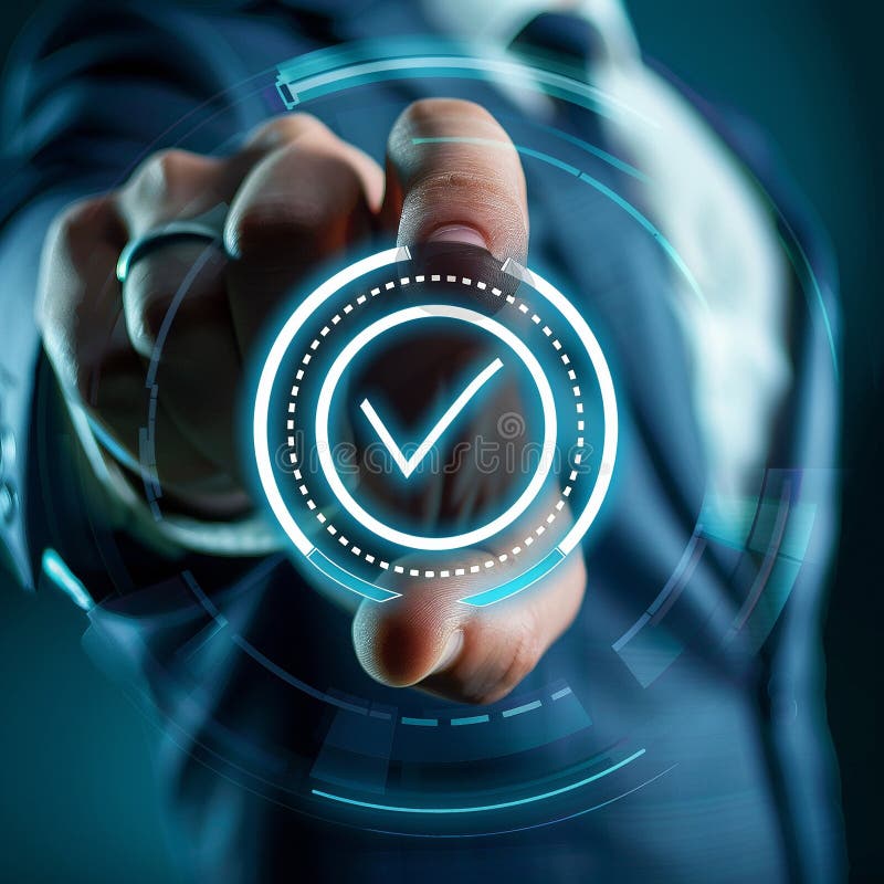 Tapping on the Digital Virtual Screen. Success, Confirmation.Business ...