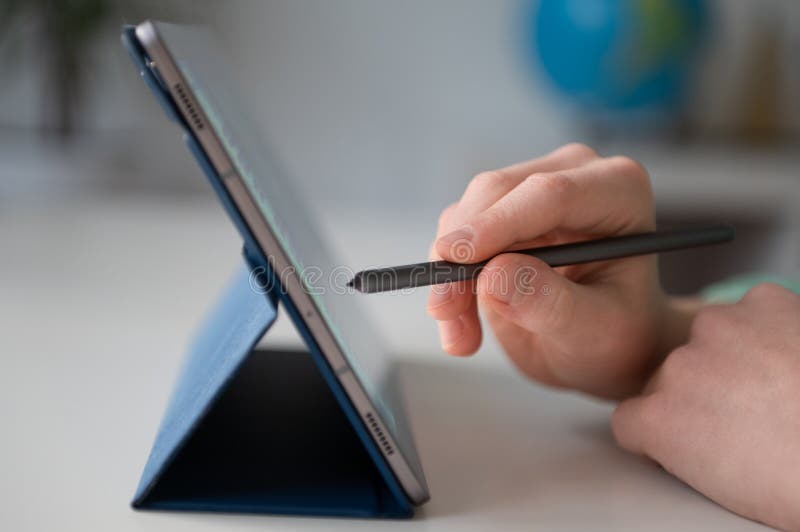 Tapping Tablet Screen with Digital Pen Closeup Composition Stock Photo ...