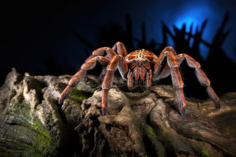 A Tarantula Crawling on a Tree Stump at Night Stock Photo - Image of ...