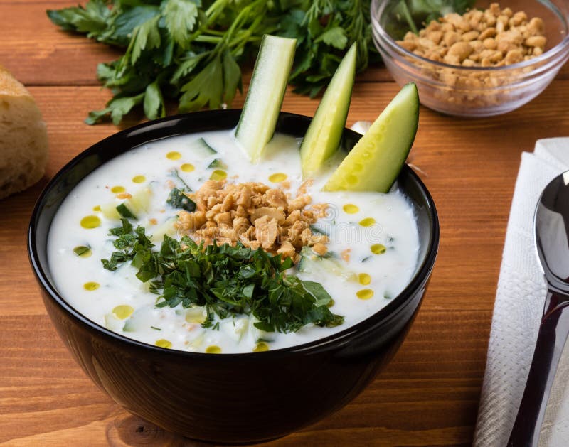 Tarator in white bowl stock photo. Image of green, garlic - 73459414