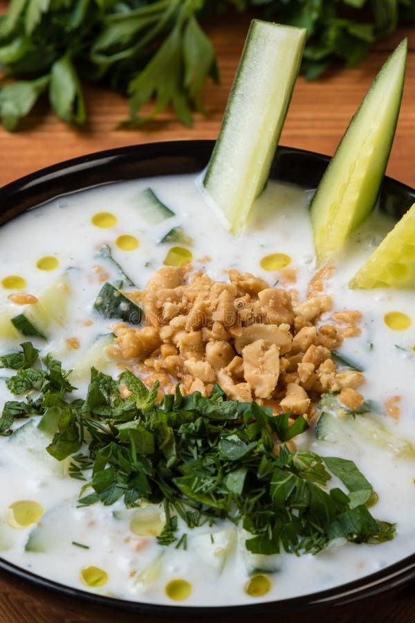 Tarator in white bowl stock photo. Image of green, garlic - 73459414