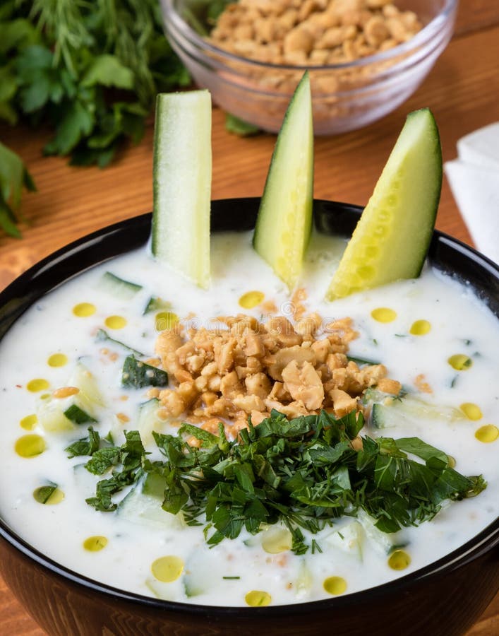 Tarator in white bowl stock photo. Image of green, garlic - 73459414