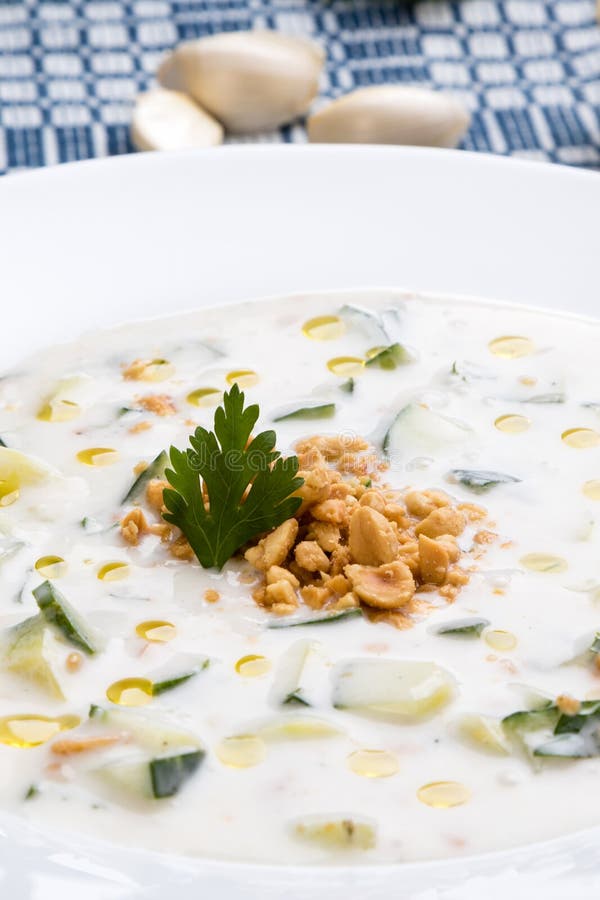 Tarator in white bowl stock photo. Image of green, garlic - 73459414