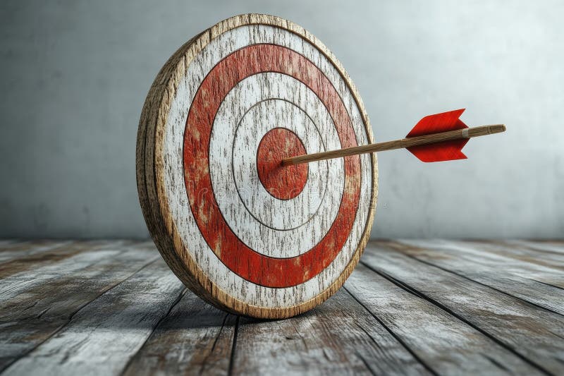 Target with an Arrow Embedded in the Center Positioned on a Wooden ...