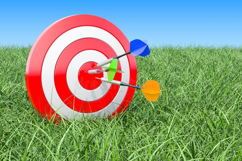 Target with Arrows on the Green Grass Against Blue Sky, 3D Rendering ...