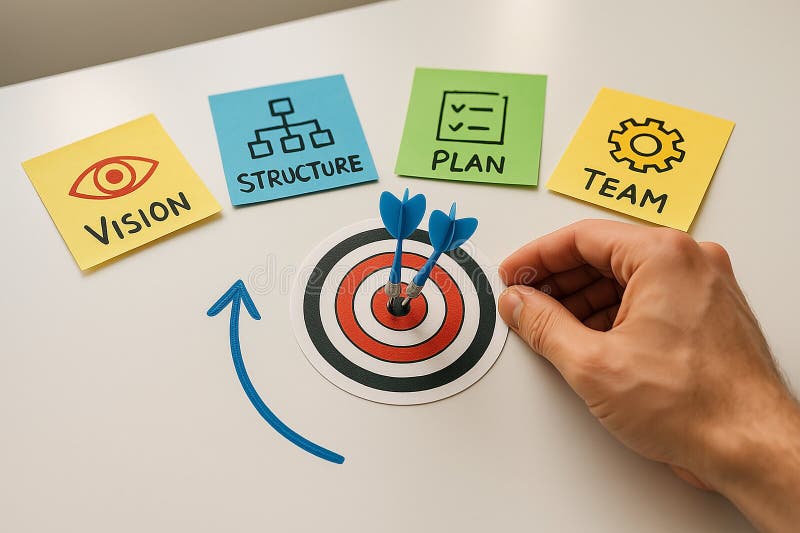 Target with Blue Darts and Colorful Sticky Notes Labeled Vision ...