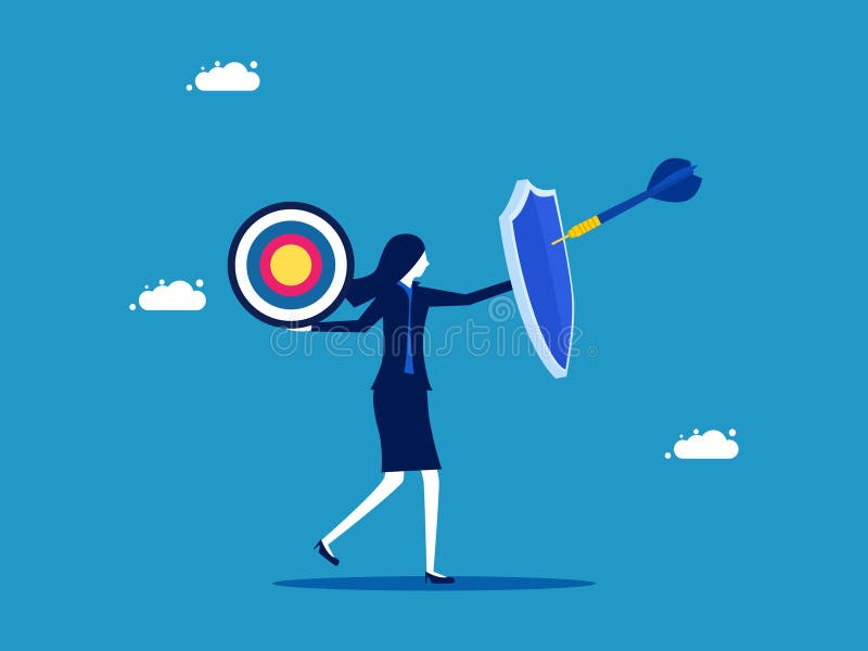 Target Defense. Businesswoman with Shield Attacking Target from Arrow ...