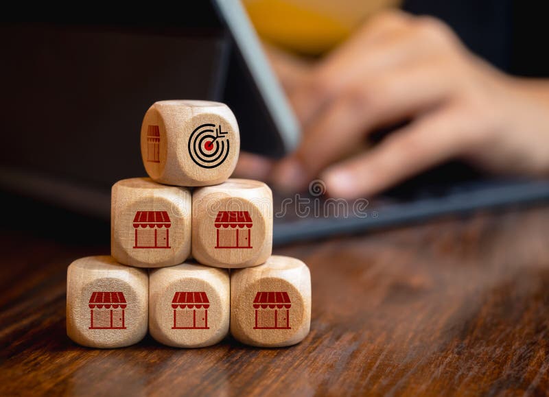 Target Icon and Business Store Shop Symbol on Wooden Cube Blocks ...