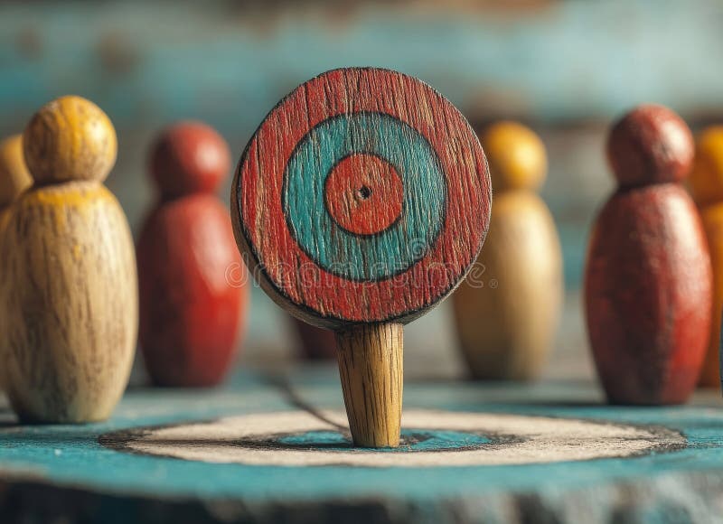 Target Icon Centered on a Round Wooden Block with Tiny Wooden Figures ...