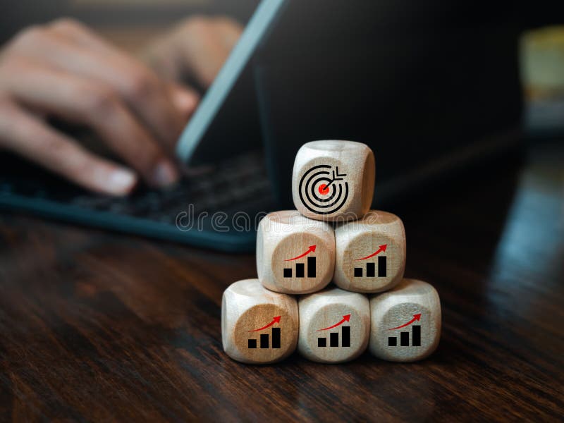 Target Icon on Top of Wooden Cube Block Stack Pyramid Shape with Growth ...