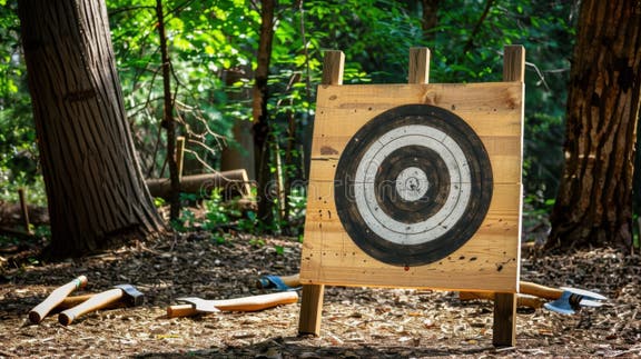 Target Practice in Forest Setting with Axes Lying on Ground Stock ...