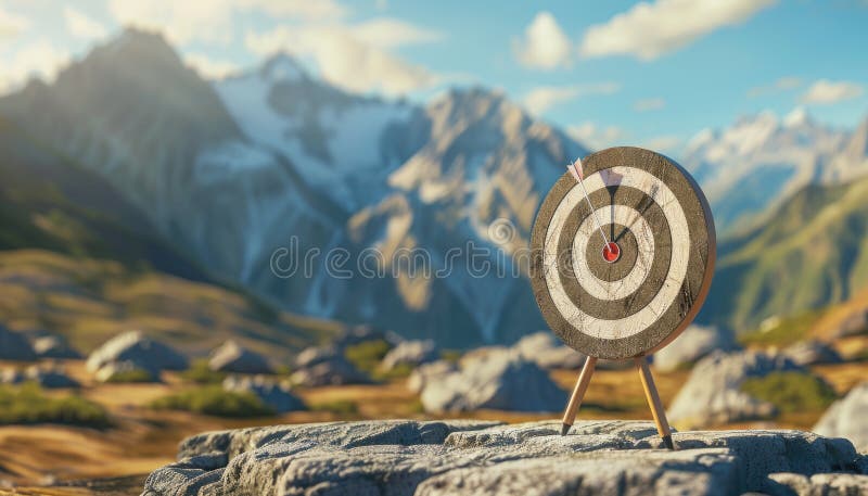 A Target with a Red Bullseye Sits on a Rock in Front of a Mountain ...