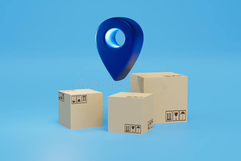 Targeted Delivery of Parcels. Parcel Boxes and Location Point on a Blue ...