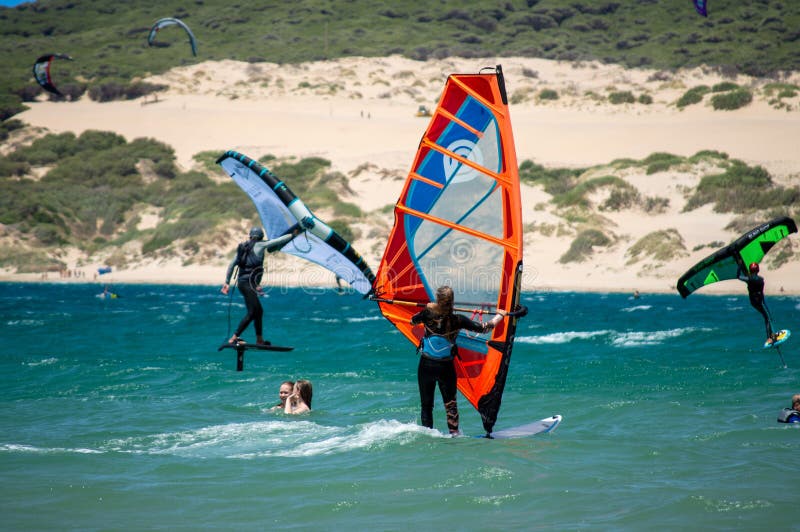Kitesurfing on Valdevaqueros Beach, Gibraltar Strait in Tarifa, Spain ...
