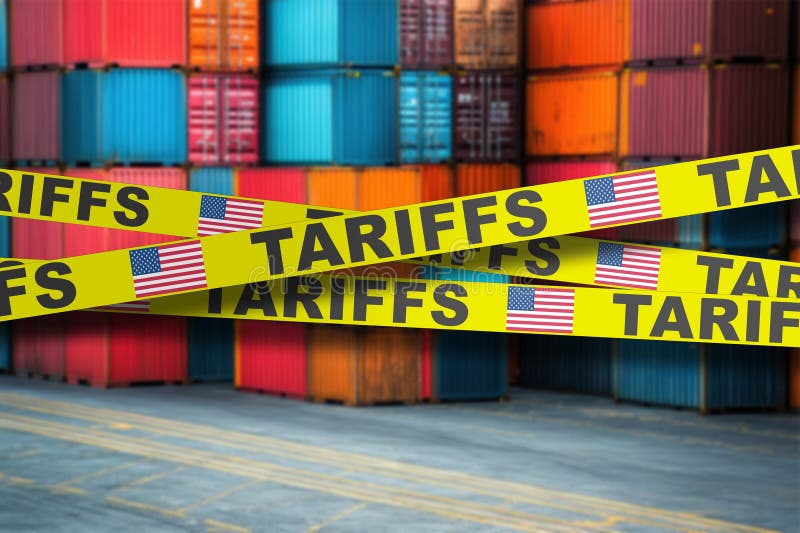 Tariff Warning Tape Covers Shipping Containers in a Cargo Yard during ...
