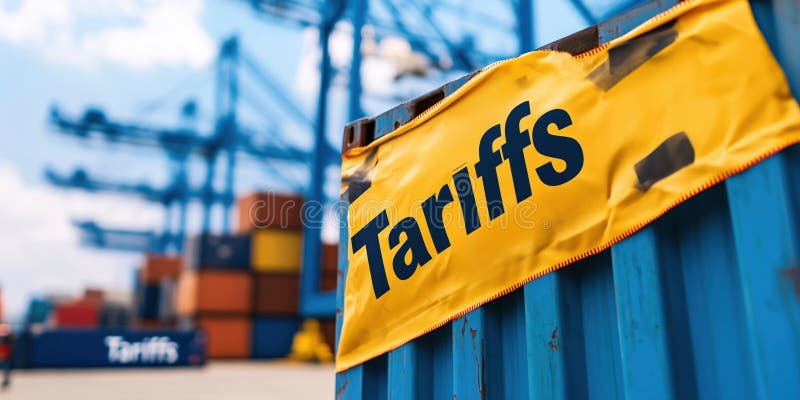 Tariffs Warning Sign on Shipping Container at Port with Cargo Stock ...