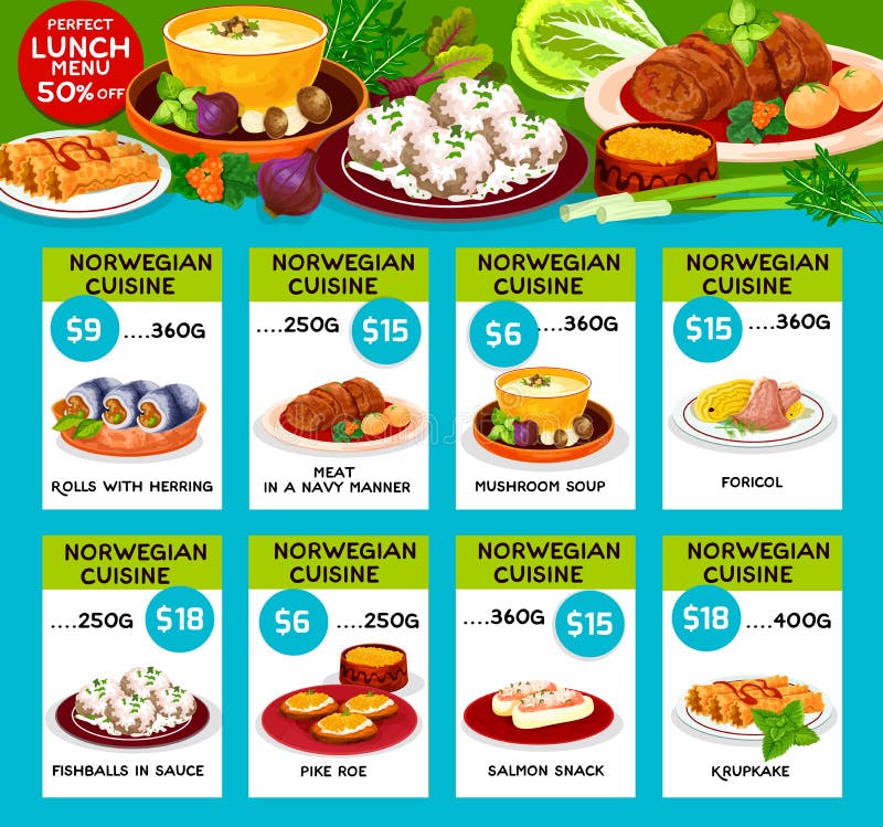 Tarjetas De Precio Del Menú Del Vector De La Cocina Noruega Ilustración ...